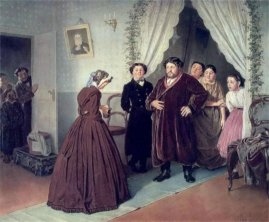 v Perov、「商人の家でガヴァネスの到着」、1866