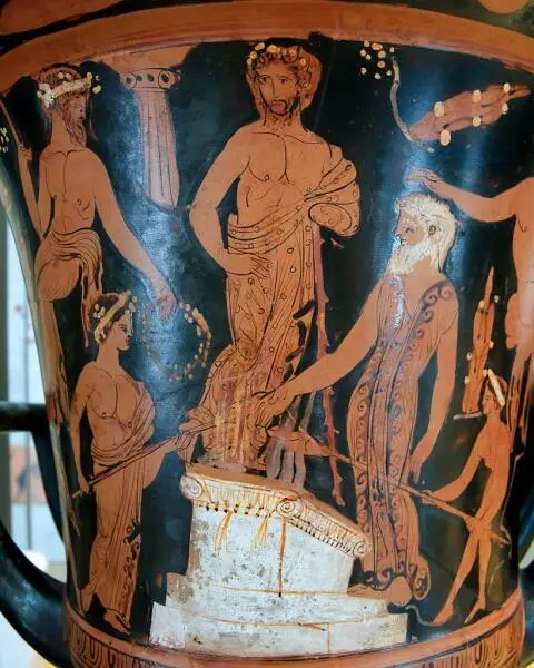 Krater mit Malerei 400-300 BC „Nestor und seine Söhne bringen Opfer Poseidon an der Küste von Pilos“