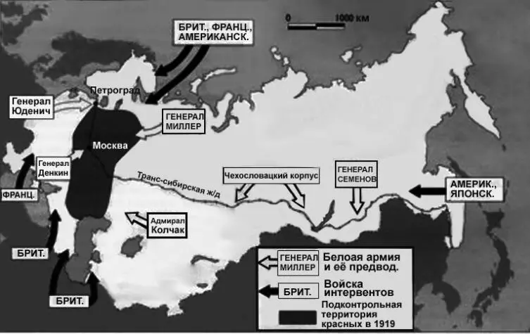 Yfirráðasvæði stjórnað af Bolsheviks og herlið íhlutunar árið 1919