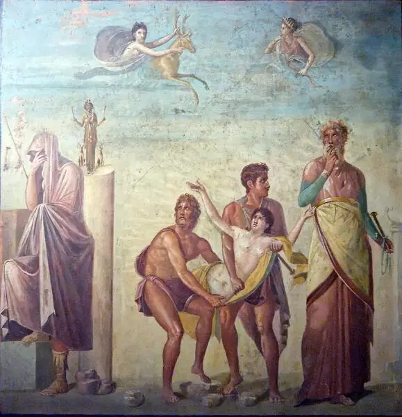 POMPEIC FRESCO: Kalhas (derecha) sacrificaciones de la infición. Extremo izquierdo - Agamenon, encima de la figura de Artemisa