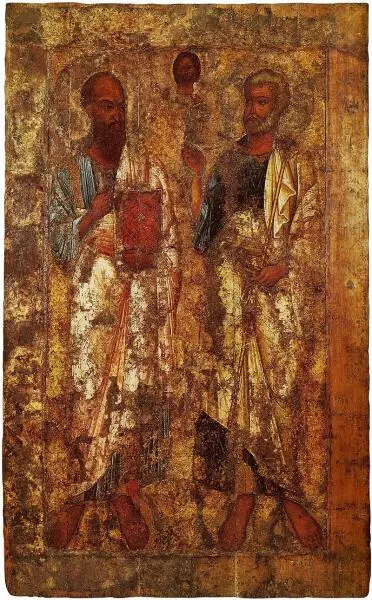 Apostel Peter und Paul. Einer der ältesten Symbole Russlands von der Sofia-Kathedrale des Great Novgorod, der Mitte des XI Jahrhunderts