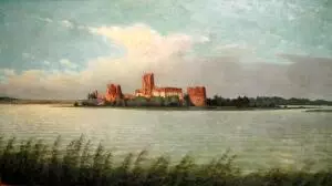 Ruines du château de l'île. Image de l'exposition du musée historique de Trakai