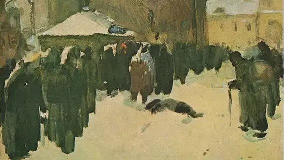 Ya. N. Nikolaev, « Leningrad. L'hiver 1941-1942, une file d'attente pour le pain », fragment, 1941-1942.