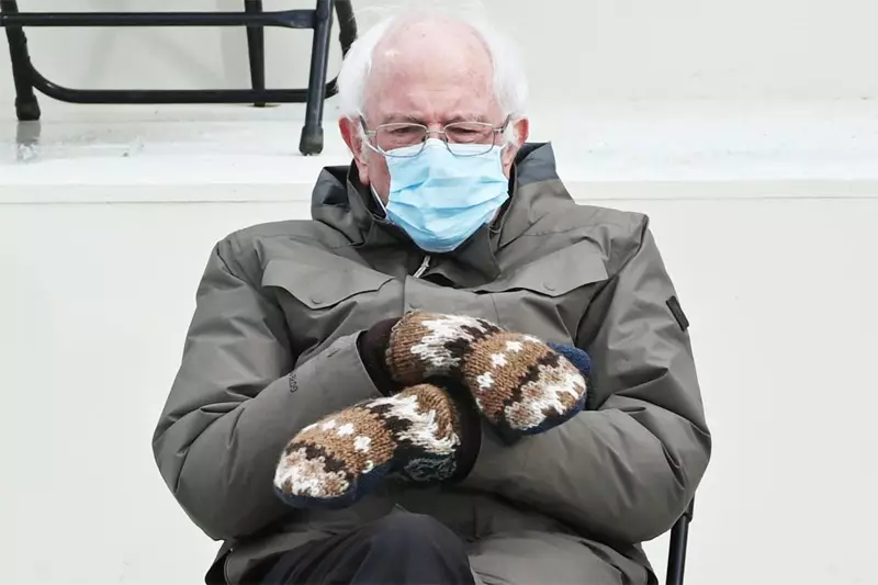 Senator Bernie Sanders in the mittens on the inauguration of Joe Bayden