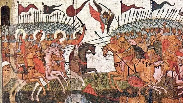 Battle of Novgorod en Suzdaltsev in 1170, fragment van de iconen van 1460